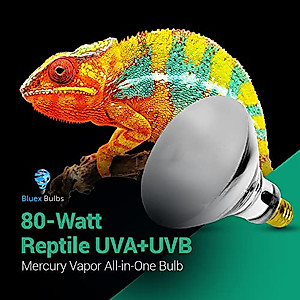 BlueX 80-Watt Reptile UVA UVB Sun Lamp - All-in-One Bulb Self-Ballasted Mercury Vapor Basking Light Heat Lamp Bulbs - Replicates Natural Sunlight Beneficial to Reptiles Amphibians Lizards Tortoises