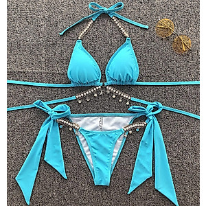 BIKINX Women's Sexy Thong Bikini Diamond Tie Side Bottom Blue Triangle Bikini Halter Swimsuits