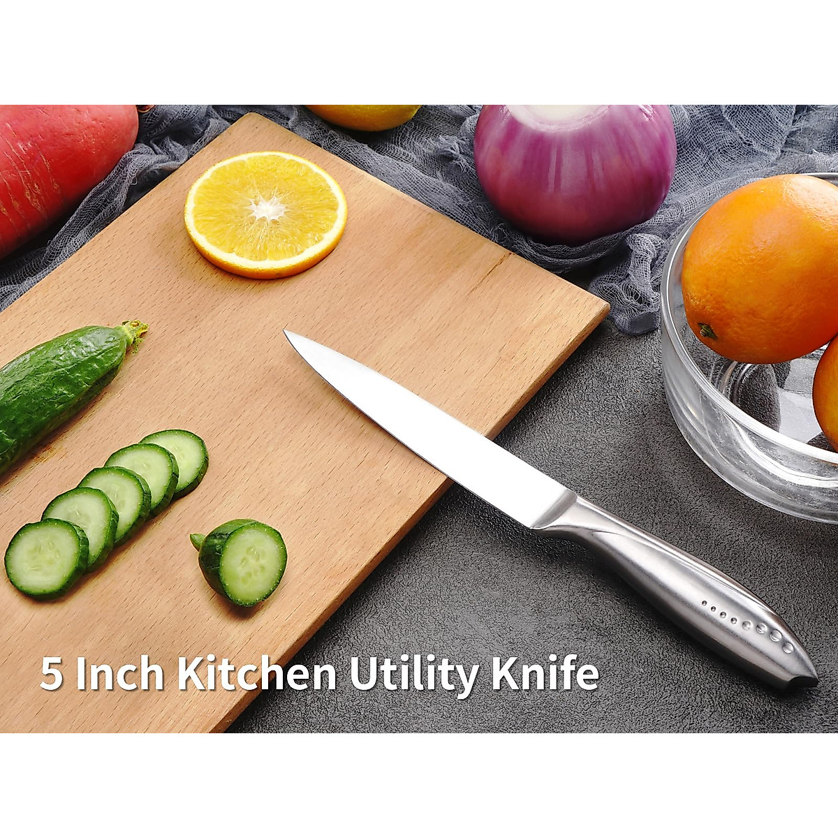 Hollory 5 Inch Kitchen Utility Knife, German High Carbon Stainless Steel Blade and Full Tang Handle, Fruit and Vegetable Cutting Chopping Carving Knives-Silver