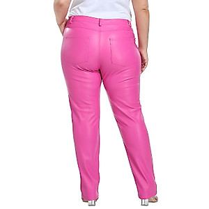 HDE Women's Plus Size Faux Leather Pants High Waist Straight Leg Pant w/Pockets Hot Pink - 1X