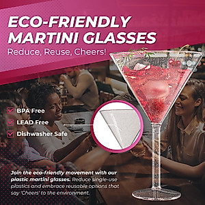 Simple Essence Rose Gold Glitter Plastic Martini Glasses With Stem (Set of 4), 9.5 Ounce, Unbreakable Reusable Cocktail Glasses - Ideal for Parties, Poolside, RV, Camping, Holiday, Entertaining