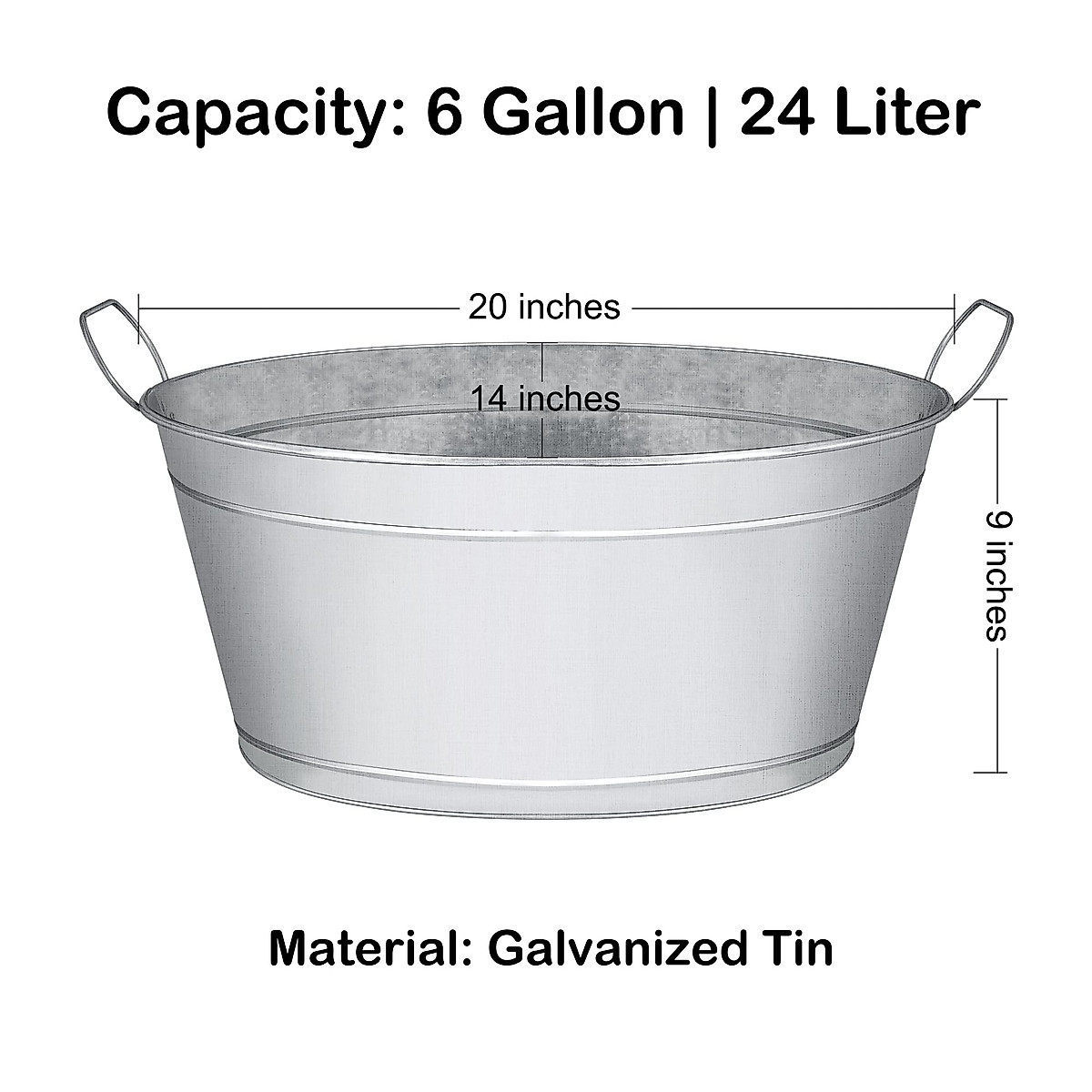 Large 6-Gallon Galvanized Tin Beverage Tub, 20x14x10 inches (Pack of 2)