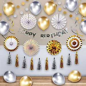 Party Decorations - Hanging Paper Fans, Balloons, Tassel Garland, Circle Paper Garland, Hanging Swirl 54 PCS (Gold and Silver).