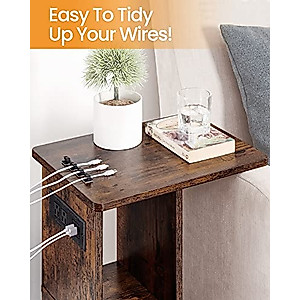 HILINSIE C Shaped End Table with Charging Station - Narrow Side Table with USB Ports and Outlets for Small Spaces, 3-Tier Storage Shelves Nightstand, 11.9 x 15.8 x 21.7 Inches, Rustic Brown