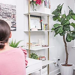 SUPERJARE Modern Ladder Shelf, 5-Tier Open Wall-Mounted Bookshelf with Stable Metal Frame, 72 Inches Storage Rack Shelves, Stand Bookcase for Home Office - White/Gold