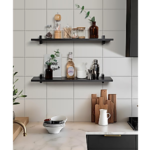 Gronda Black Floating Shelves for Wall 24 Inch Wood Floating Shelves Wall Mounted Wooden Shelf Set of 2, Modern Wall Decor Organizer for Bedroom, Kitchen, Office, Living Room