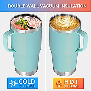 VEGOND 20 oz Tumbler with Handle Lid and Straw, Stainless Steel Insulated Travel Coffee Mug Spill Proof Double Wall Metal Tumbler Cup Keeps Drink Hot and Cold, Mint Green 1 Pack