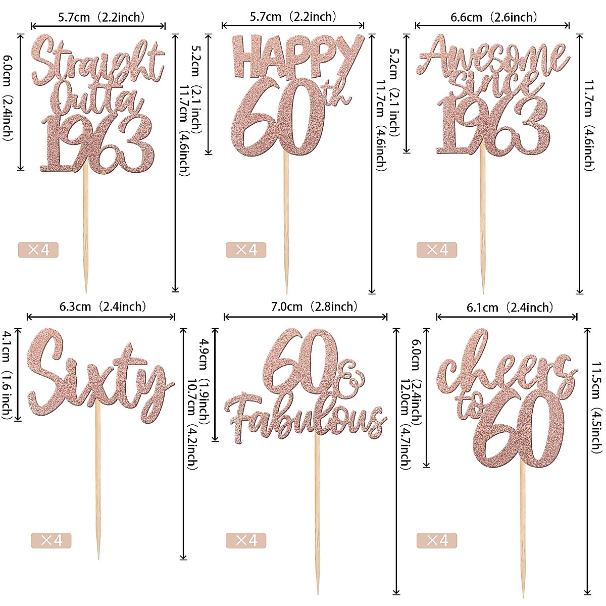 24 PCS Happy 60th Birthday Cupcake Toppers Glitter Sixty Straight Outta 1963 Cupcake Picks Cheers to 60 Fabulous Awesome Since 1963 Cake Decorations for 60th Birthday Party Supplies Rose Gold