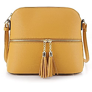 SG SUGU Lunar Lightweight Medium Dome Crossbody Bag Shoulder Bag with Double Tassels | Zipper Pocket | Adjustable Strap|Mustard