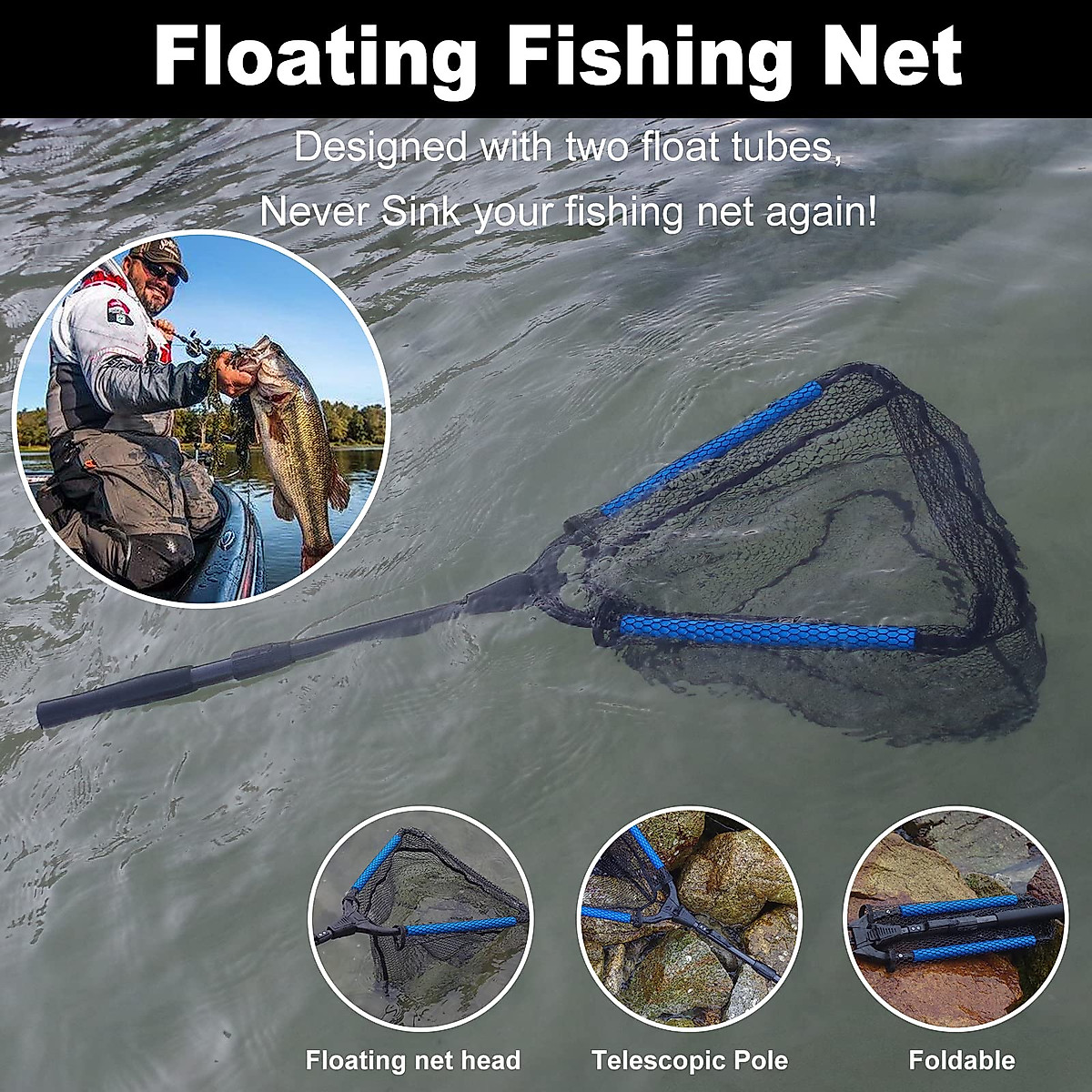 PLUSINNO Floating Fishing Net for Fly, Kayak, Catfish, Bass,Steelhead, Salmon, Trout Fishing, Portable Foldable Collapsible Telescopic Fish Landing Net, Fishing Gifts for Men Dad Grandpa