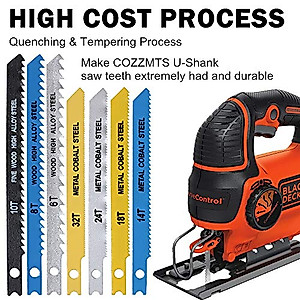 30PCS U-Shank Jig Saw Blade Set for Wood Plastic Metal Cutting Compatible with Bosch DEWALT SKIL Black and Decker Jigsaw Blades U Shank Includes 6T 8T 10T 14T 18T 24T 32T with 420D Zipper Bag