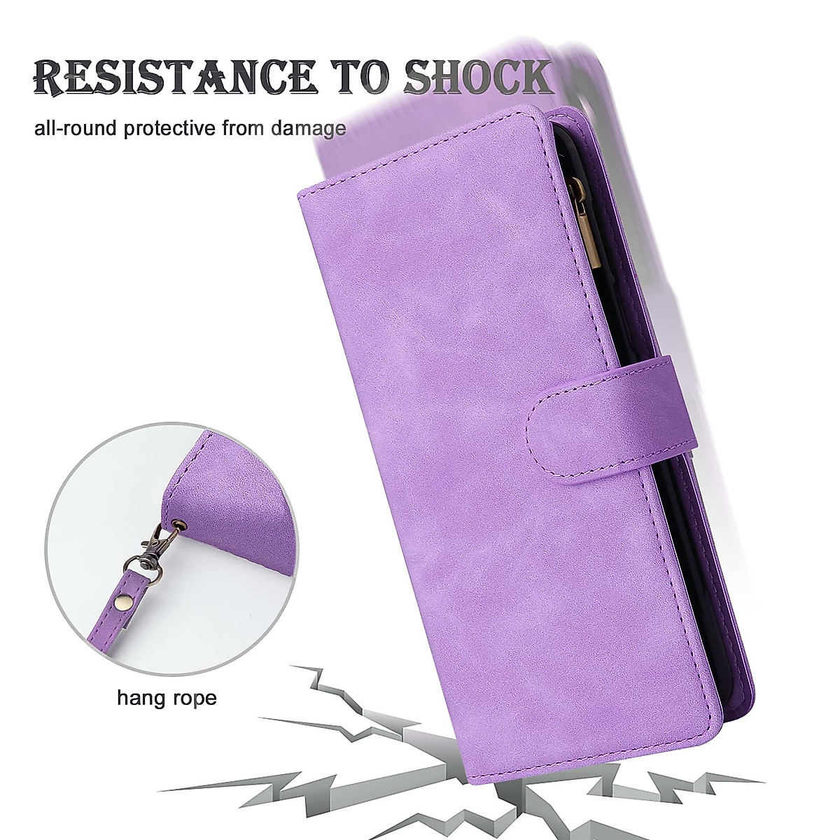 RANYOK Wallet Case for iPhone 14 Pro Max (6.7 inch) with Card Holder, Premium PU Leather with RFID Blocking Zipper Flip Folio Wallet Wrist Strap Magnetic Clasp Kickstand Protective Case-Purple