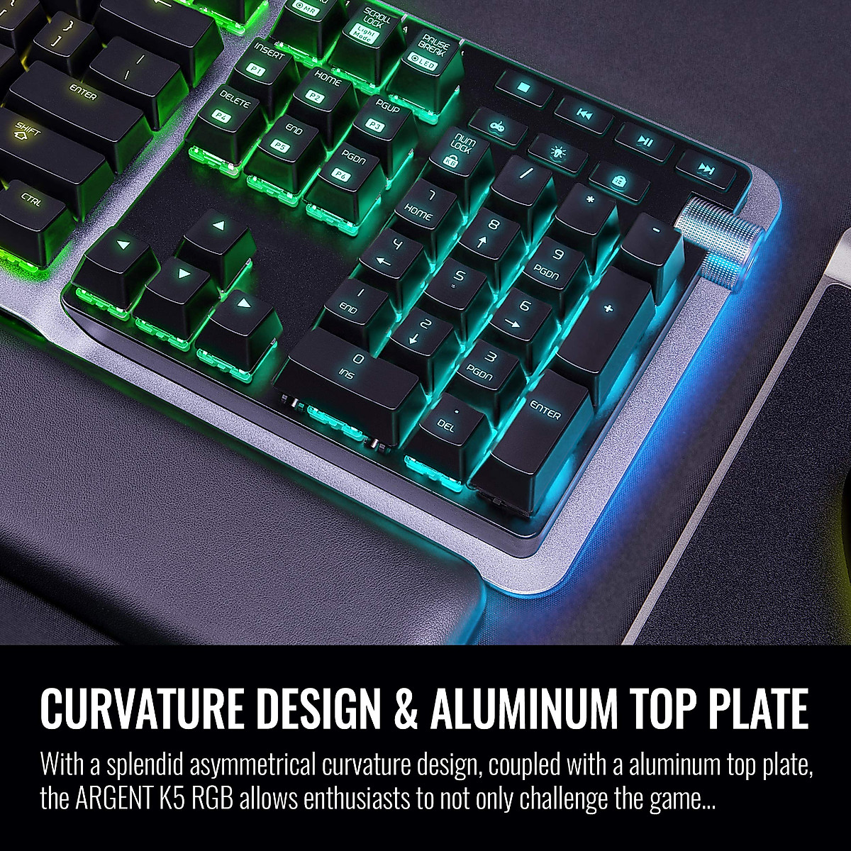 Thermaltake Argent K5 RGB Gaming Keyboard (Silver Switch), Aluminum and Streamlined Titanium Design, 16.8 Million RGB Color, Anti-ghosting, Magnetic Synthetic Leather Wrist Rest, GKB-KB5-SSSRUS-01