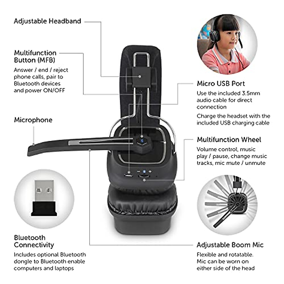 Aluratek Bluetooth Wireless Stereo Headset with Boom Microphone and Dongle, Built-in Rechargeable Battery, 27 Hours Continuous Talk and Music Play