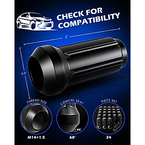 Orion Motor Tech M14x1.5 Lug Nuts Black with Spline Tuner, XL 2 inches Length Conical Wheel Nut, Compatible with Chevy GMC Ford Cadillac Lincoln SAAB Saturn Silverado 1500 Savana, Set of 24