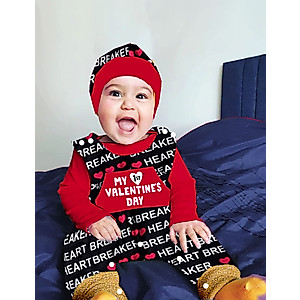DONWEN Baby Boy Valentines Day Outfit 9-12 Months My First Valentine's Day Romper Print Overall Valentine Outfit for Baby Boy