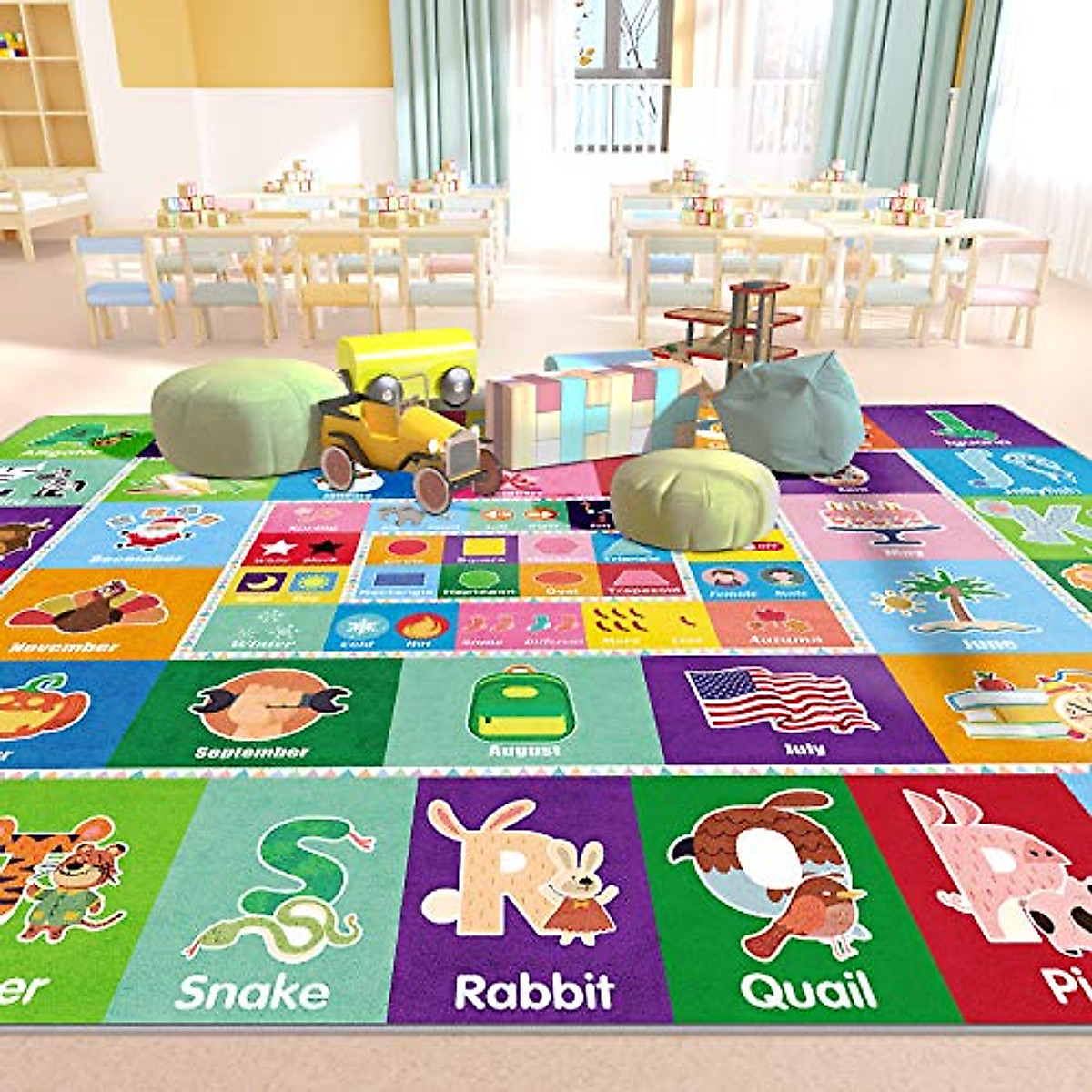PartyKindom Kids Play Rug Mat Playmat with Non-Slip Design Playtime Collection ABC, Shape, Season, Month, Opposite and Animal Educational Area Rug for Kids Bedroom Playroom (78.7 x 59 inch)