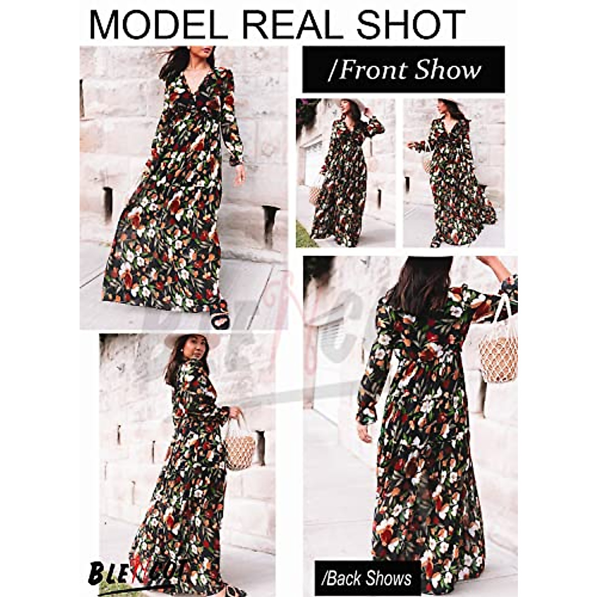 BLENCOT Women's Casual Boho Floral Printed Deep V Neck Loose Long Sleeve Long Evening Dress Ruched Cocktail Party Maxi Wedding Dress Black Medium