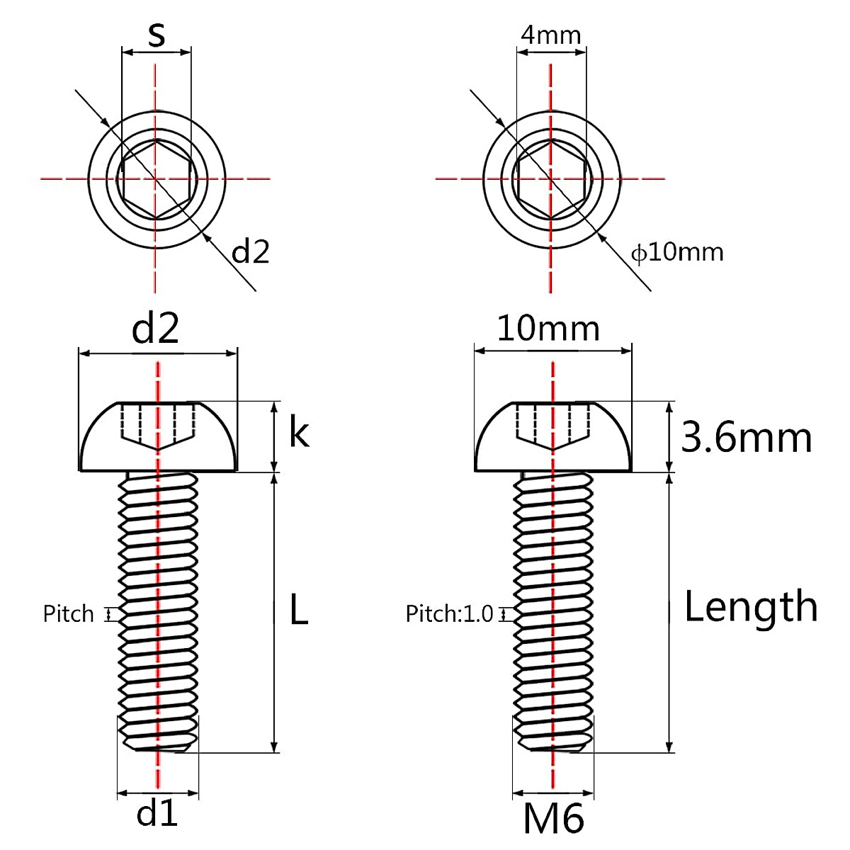 Wanyifa Titanium M6 12 16 20 25 30 Button Head Bolt Screws Pack of 6 (M6x16mm, Gold)
