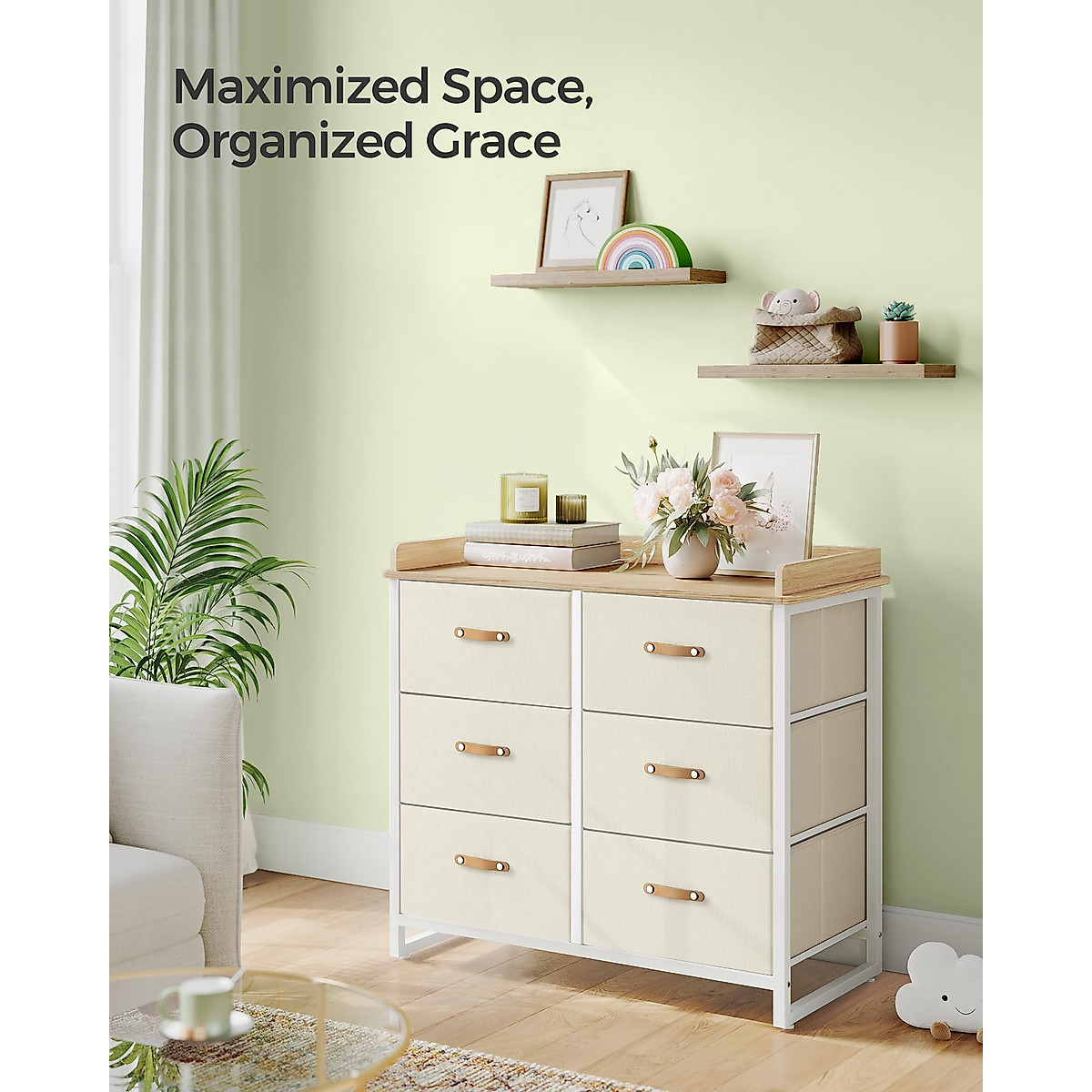 SONGMICS Dresser for Bedroom with 6 Drawers, Chest of Drawers, with Water-Resistant Changing Table, Storage Organizer Cabinet, for Kids Room Nursery Living Room Hallway, Beige UGKR101K01