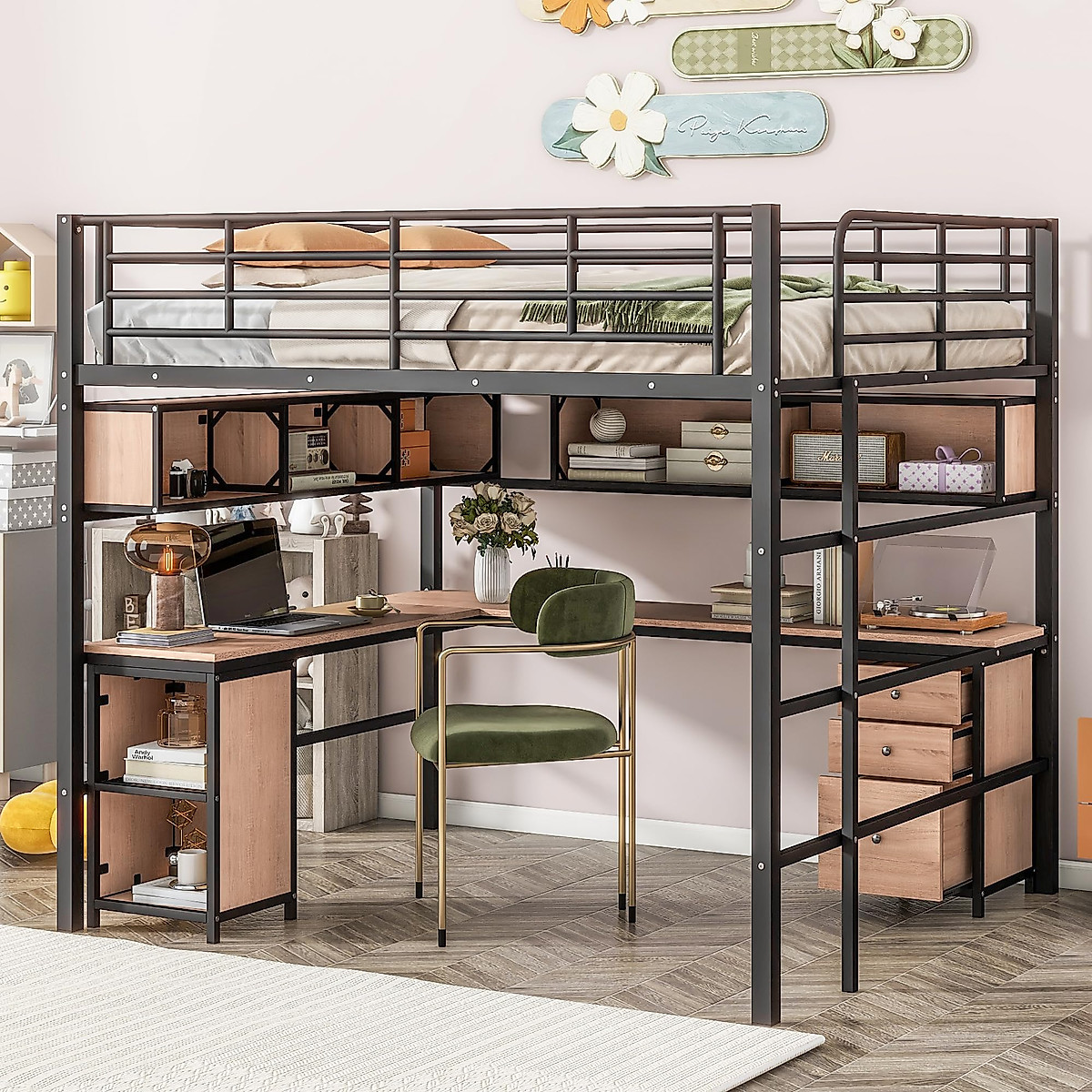 Harper & Bright Designs Full Size Metal Loft Bed with Desk, Bookcase and Storage Cabinet, Modern Heavy-Duty Steel Frame, for Kids Teens Adults (Black)