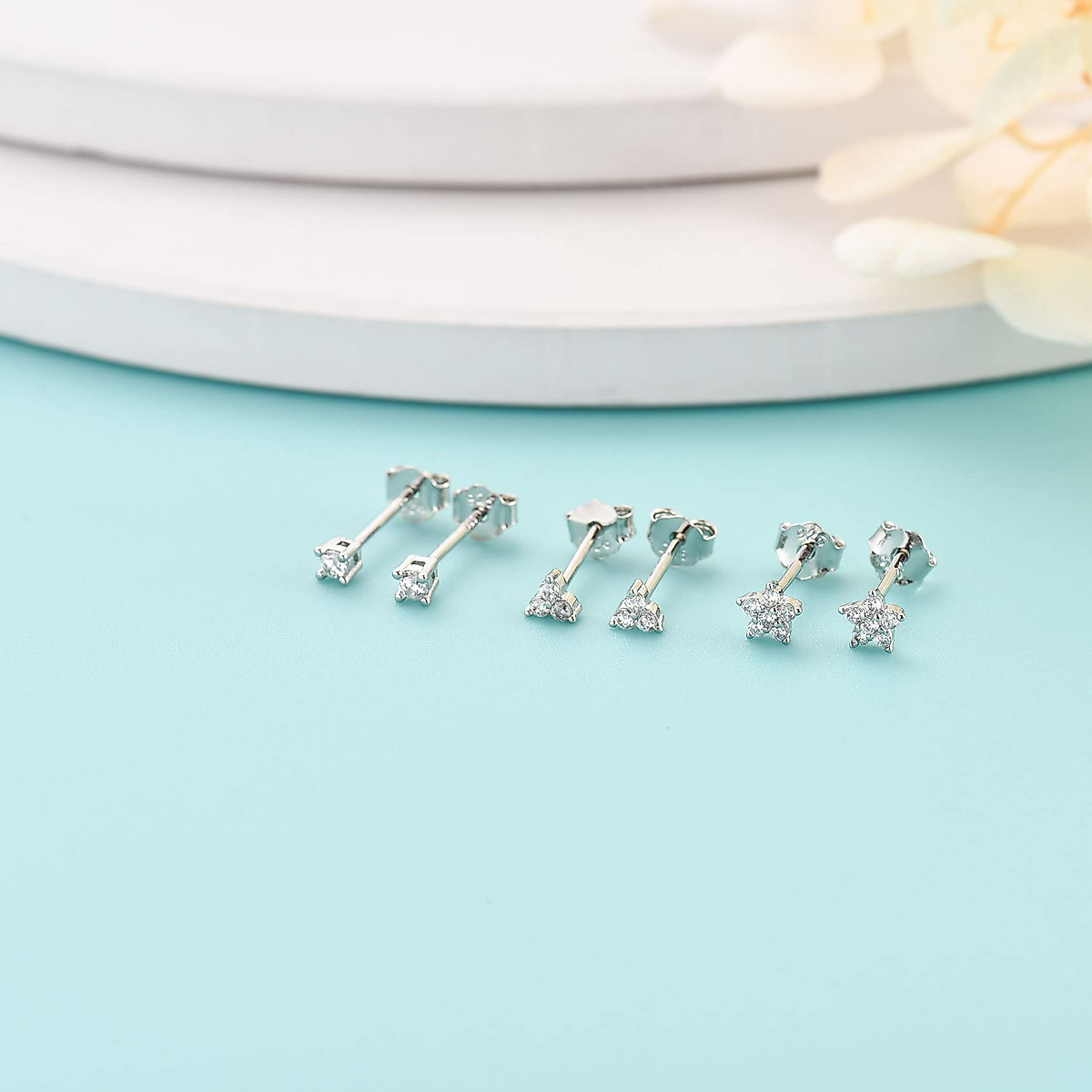 Sterling Silver Stud Earrings for Women, 3 Pairs Tiny Flower Earrings Set, Small Cubic Zirconia Helix Earrings Dainty Tragus Cartilage Studs Cherry Blossom Ear Piercing Jewelry Gifts for Teens