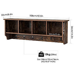 finetones Wall-Mounted Coat Rack with 6 Dual Hooks and 4 Storage Cubbies, Entryway Floating Hanging Shelf Cubby Coat Rack Organizer for Bathroom, Living Room, Kitchen, Rustic Brown