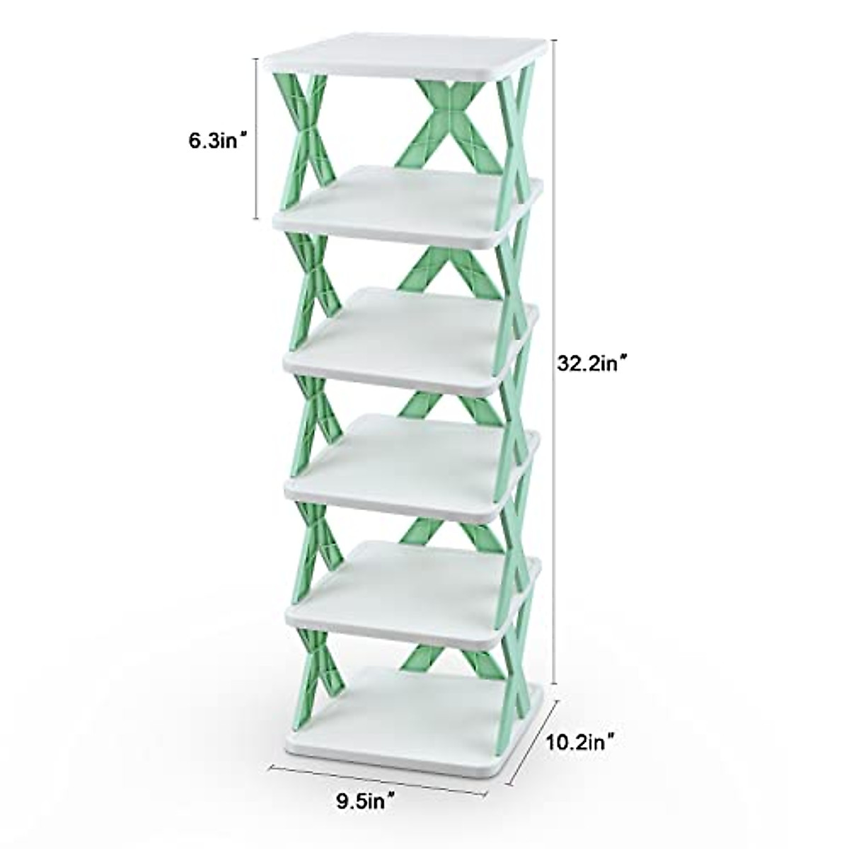6 Tier Narrow Shoe Rack, Small Vertical Shoe Stand, Space Saving DIY Free Standing Shoes Storage Organizer for Entryway, Closet, Hallway, Easy Assembly and Stable in Structure, White and Green