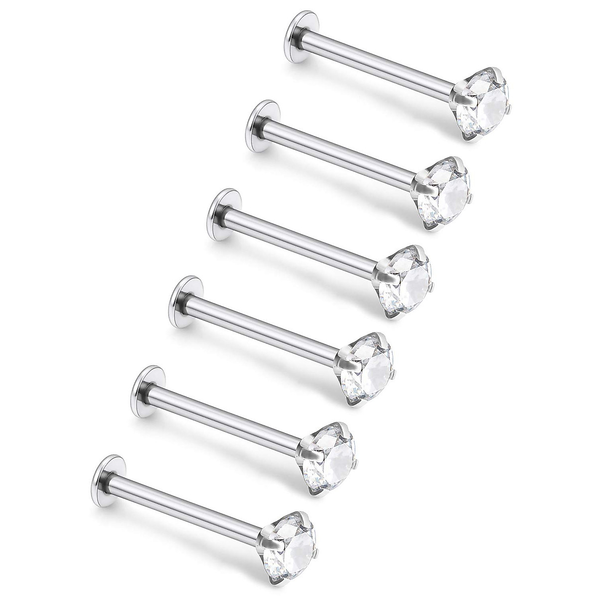 Dyknasz Labret Studs 16G Surgical Steel Monroe Barbell Lip Ring Piercing Jewelry 2mm Clear Diamond CZ with Flat Back for Women Men Silver-Tone