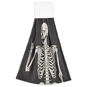 Halloween Human Skeleton Hanging Kitchen Towels 2 Pieces Skull Rock and Roll Dish Cloth Tie Towels Hand Towel Tea Bar Towels for Bathroom Farmhous Housewarming Tabletop Home Decor