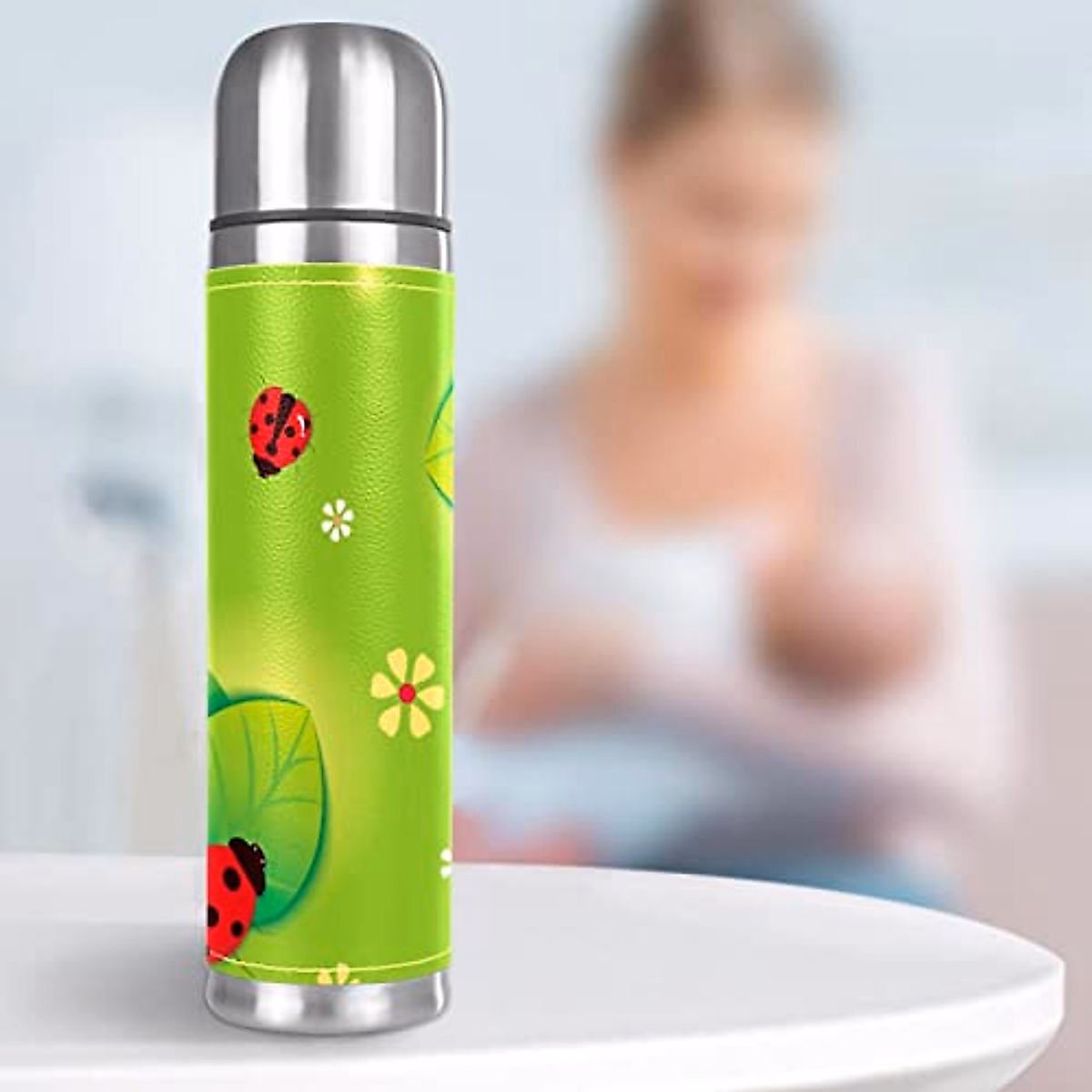 Insulated Water Bottle Stainless Steel Water Bottles Metal Water Bottle, Spring Ladybug Flower Leaves