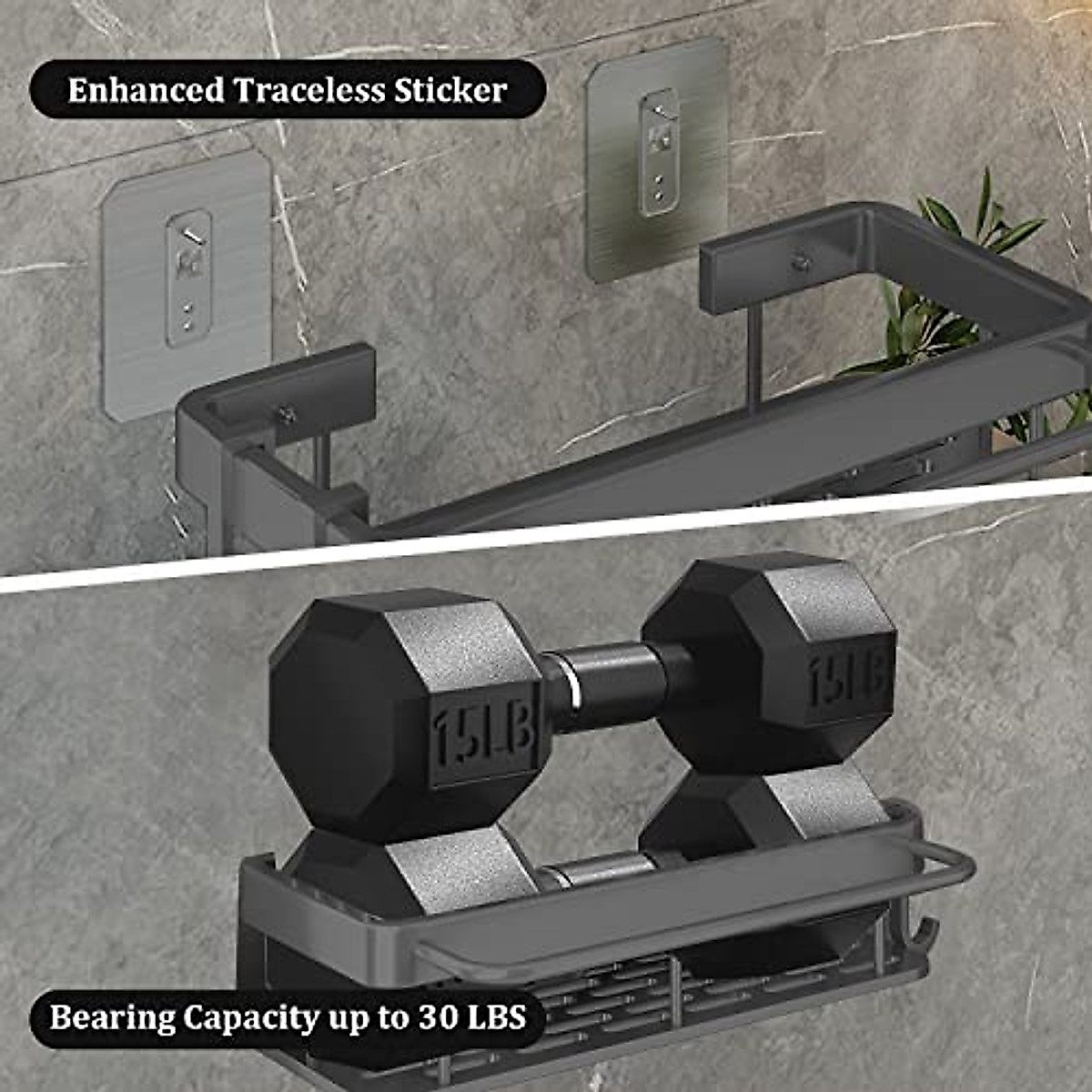 Shower Caddy, Black Shower Caddy with 2 Hooks and 1 Towel Bar, Adhesive Shower Caddy Aluminum Bathroom Wall Shelf, No Drilling Shower Organizer for Bathroom Toilet, Kitchen-2 Pack (Matte Black)