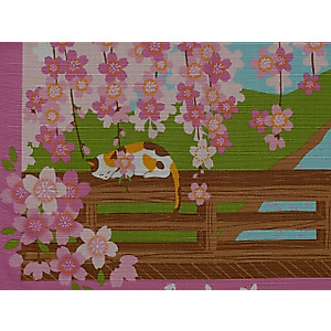 Furoshiki Cat on Bridge with Cherry Blossoms Motif Japanese Fabric 50cm