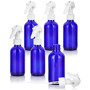 JUVITUS 4 oz Cobalt Blue Glass Boston Round Bottle with White Trigger Spray (6 pack) I Refillable Empty Storage Containers