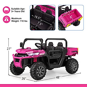 OLAKIDS 2 Seater Ride On Car, 12V Off-Road UTV Electric Vehicle with Remote Control, Dump Bed, Extra Shovel, Music, USB, AUX, Rocking Function, Kids Toddlers Battery Powered Truck (Pink)