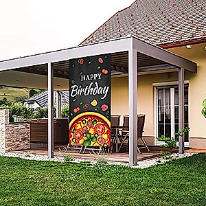 Happy Birthday Pizza by The Slice Banner Backdrop Flag Photo Booth Props Favors Supplies Cooking Delicious Food Theme Decor for 1st Birthday Pizza Party Baby Shower Decorations