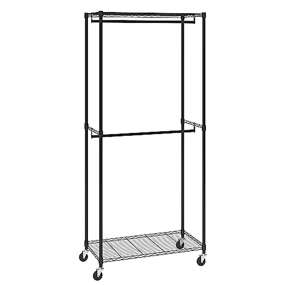 VEVOR Heavy Duty Clothes Rack, Double Hanging Rods Clothing Garment Rack with Bottom and Top Storage Tier, Rolling Clothing Rack for Hanging Clothes, 1'' Diameter Thicken Steel Tube Hold Up to 300Lbs