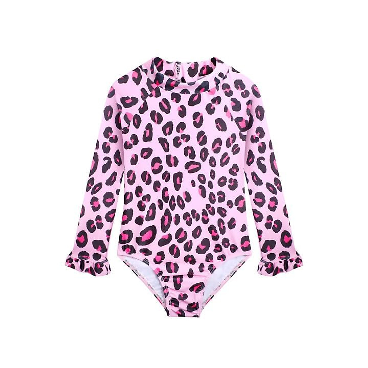 Alakuoti Long Sleeve One Piece Ruffle Swimsuit for Toddler Girls Baby Girl Rashguard Shirt with UPF 50+ Sun Protection (as1, Age, 0_Month, 12_Months, Pink Leopard)