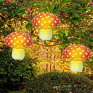 3pcs Mushroom Shaped Paper Lanterns 3D Foldable Hanging Lanterns Halloween Ornament Backdrop for Jungle Wonderland Theme Birthday Wedding Party Fairy Baby Shower Garden Decor (Red, 7.9 inch)