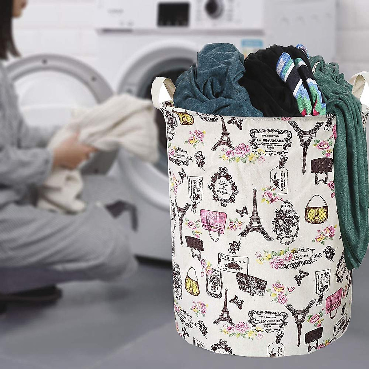Large Laundry Basket, 63L Foldable Storage Bin, ZUEXT Freestanding Laundry Hamper with Handles for Girls Nursery Bedroom, Dirty Clothes Laundry Basket, Baby Shower Gifts(Floral Paris Towel)