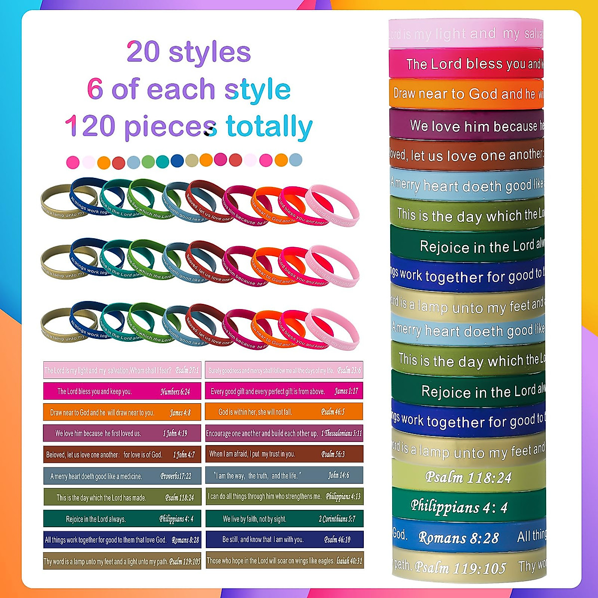 Estune 120 Pieces Bible Verses Bracelets Motivational Quote Rubber Wristbands Religious Silicone Bracelet Inspirational Silicone Wristbands Stretch Unisex for Men Women Party