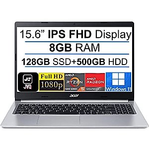 Newest Acer Aspire 5 Slim 15.6" FHD IPS Laptop, AMD 6-Core Ryzen 5 5500U(Up to 4GHz,Beat i7-1165g7), 8GB DDR4 RAM, 128GB SSD+500GB HDD, WiFi 6, Webcam, Backlit Keyboard, USB-C, HDMI, Windows 11+JVQ MP