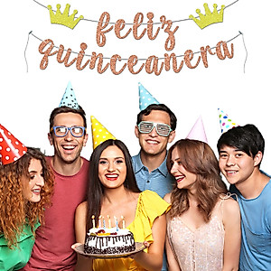 Rose Gold Glitter Feliz Quinceanera Banner, Happy Quinceanera/Princesa De Quince/Mis Quince 15, Spanish 15th Birthday Party Decorations