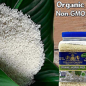 Golden Crown White Organic Jasmine Rice Premium Quality, Naturally Aged Extra Long Aromatic Tasty and Flavorful Gluten-Free Whole Grains From Thai HOM Mali, Non-GMO - 32 oz (2LB)