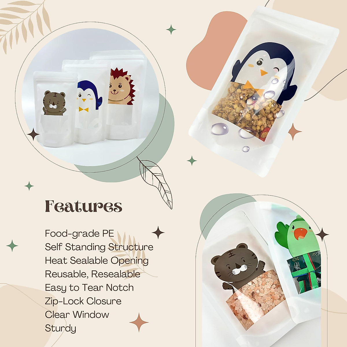 Cute Animal Goodies Bags | Reusable Stand Up Pouch with Clear Window | Zipper Closure | Resealable | Heat-Sealable | Great for Gift & Small Business (3 SIZE, 24, Count)