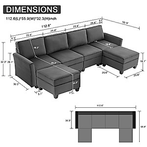 DANNRATCH Modular Sectional Sofa U Shaped Sectional Couch with Reversible Chaise, Sleeper Velvet Modular Couch with Storage Seat for Living Room Furniture Sets Grey