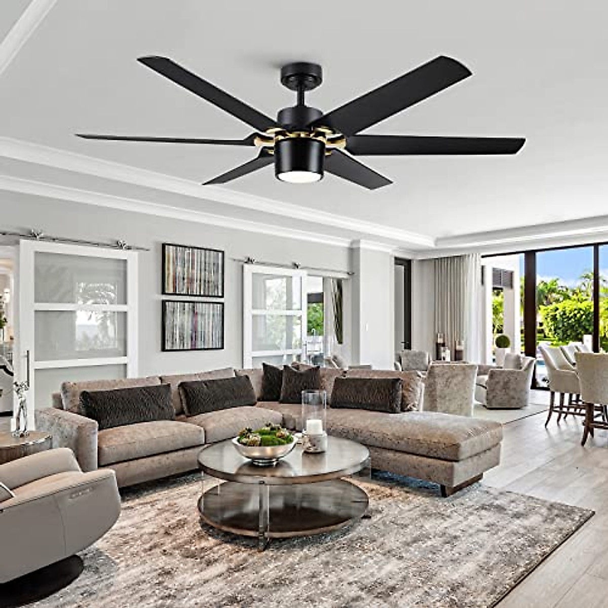 POCHFAN 60 inch Black Ceiling Fans with Lights and Remote, Modern Smart Ceiling Fan Compatible with Alexa, Google Home & Smart APP, Reversible Dimmable DC Ceiling Fan for Indoor or Covered Outdoor