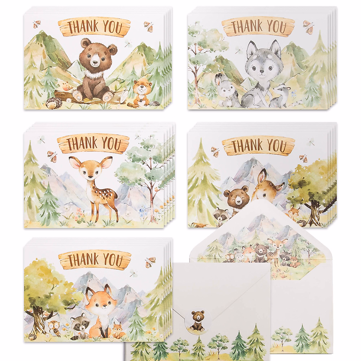 VNS Creations 50 Woodland Animal Thank You Cards, Bulk Forest & Mountain Creatures Thank You Notes w/Matching Lined Envelopes & Stickers, 4 x 6 in.
