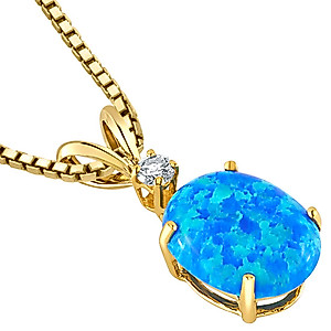 PEORA 14K Yellow Gold Created Blue Opal with Genuine Diamond Pendant, Elegant Solitaire, Oval Shape, 10x8mm, 1 Carat total