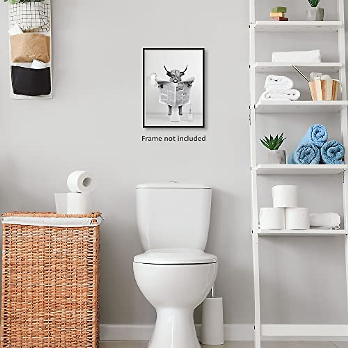 WOKEZ Funny Highland Cow Canvas Wall Art Print Painting Cute Black and White Cow Picture Animal Posters Rustic Farmhouse Style Wall Decor for Office Bathroom Restroom 12x16in Unframed